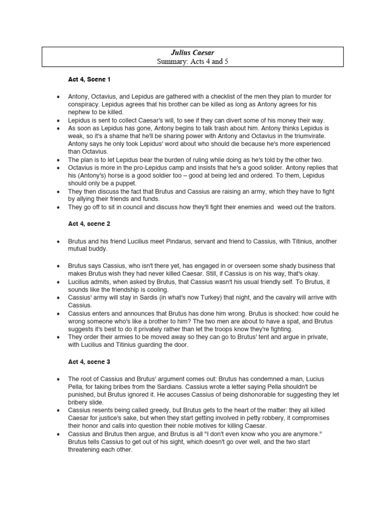 Summary of Acts 4 and 5 of Julius Caesar | PDF | Mark Antony | Augustus