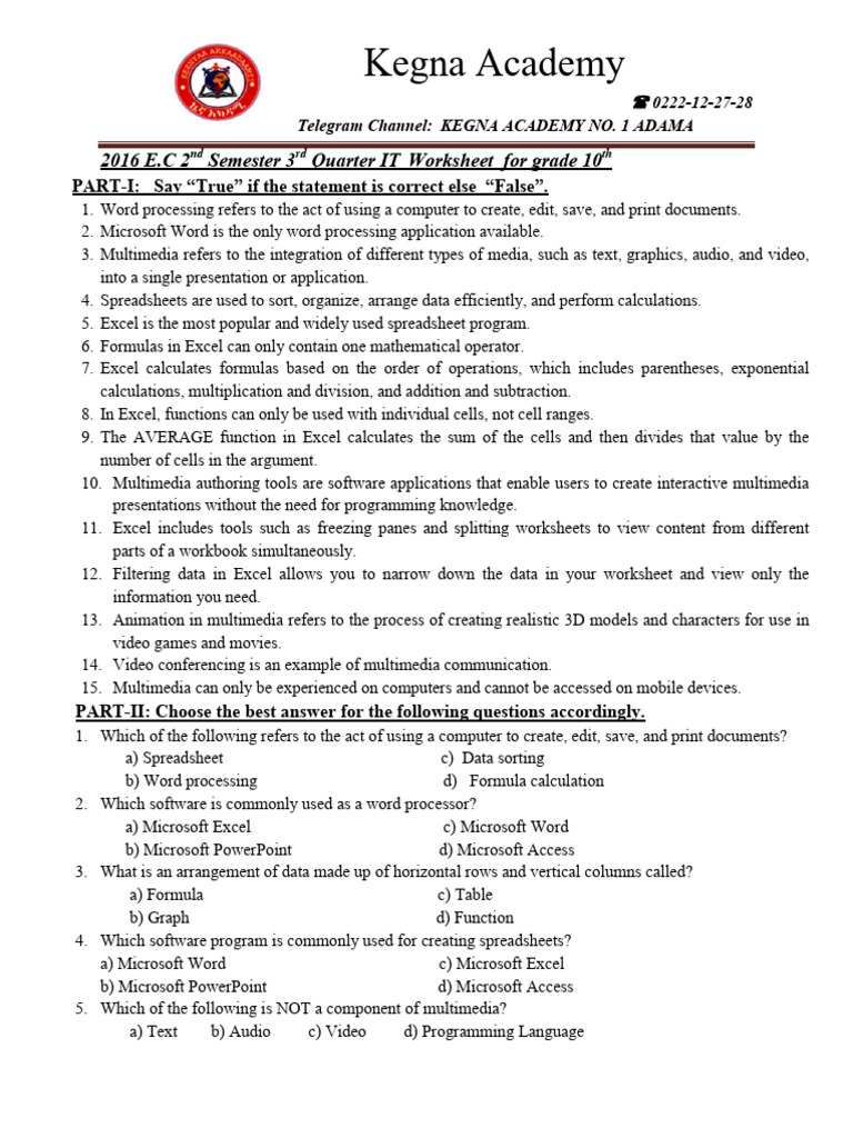 IT Grade 10th Worksheet | PDF | Microsoft Excel | Spreadsheet