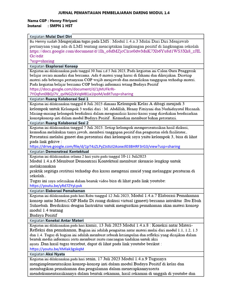 Jurnal Pemantauan Pembelajaran Daring Modul 1.4 | PDF | Karier & Perkembangan