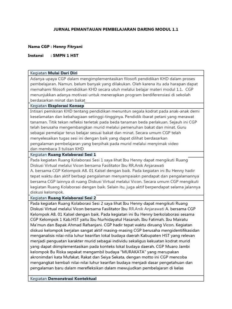 Jurnal Pemantauan Pembelajaran Daring Modul 1.1 | PDF