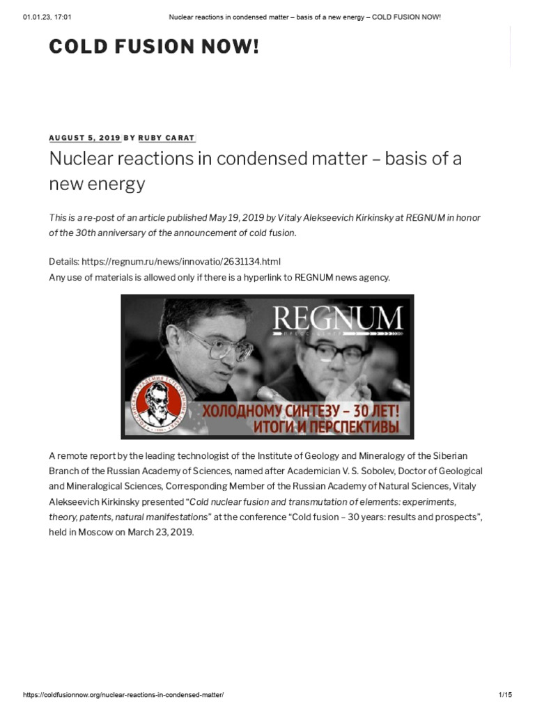 COLD FUSION - Nuclear Reactions in Condensed Matter - Basis of A New ...