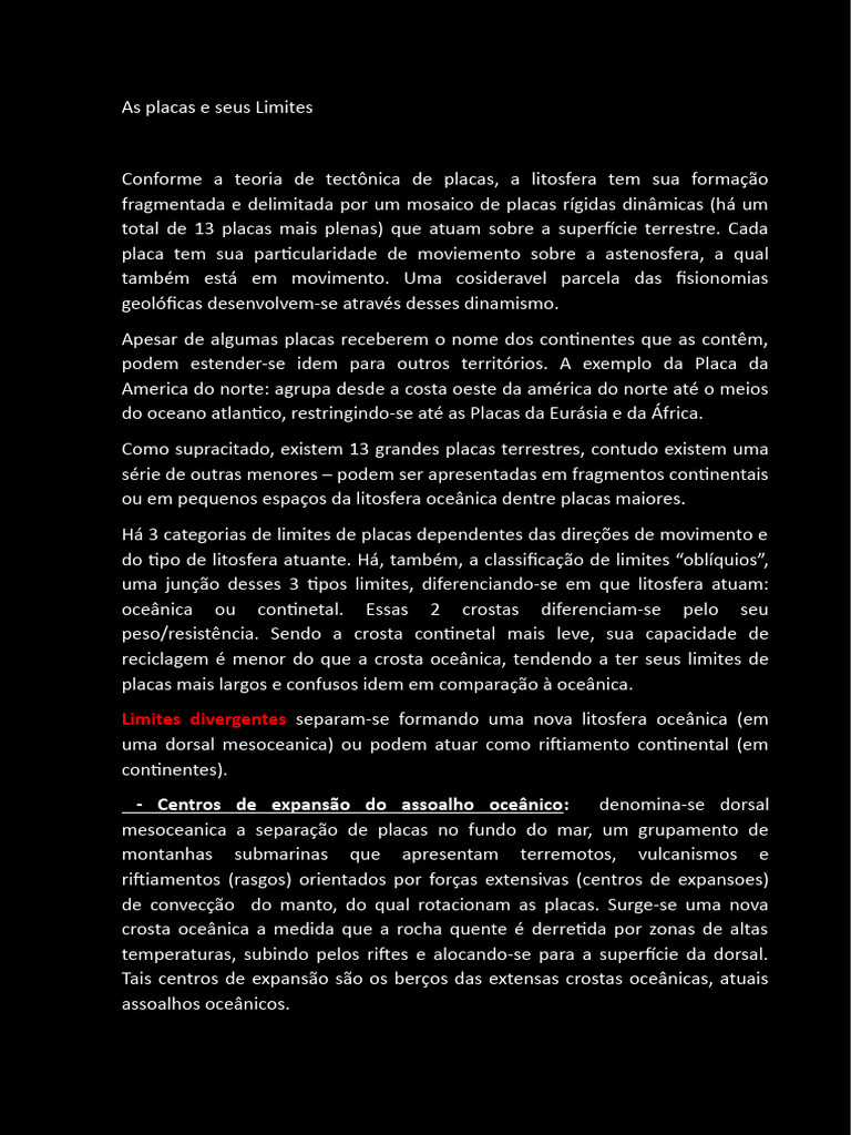 As Placas e Seus Limites - Resumo | PDF | Rifte | Placas tectônicas