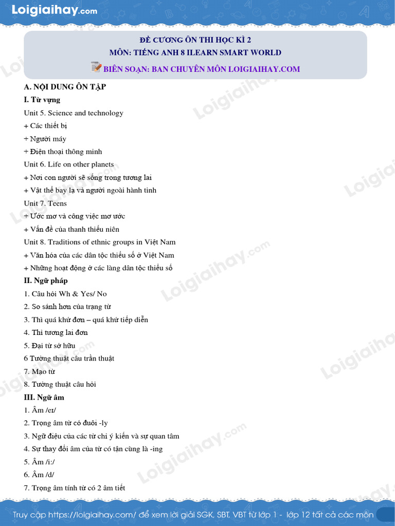 De Cuong On Tap hk2 Tieng Anh 8 Ilearn Smart World Co Dap An 1711595069 | PDF | Unidentified ...