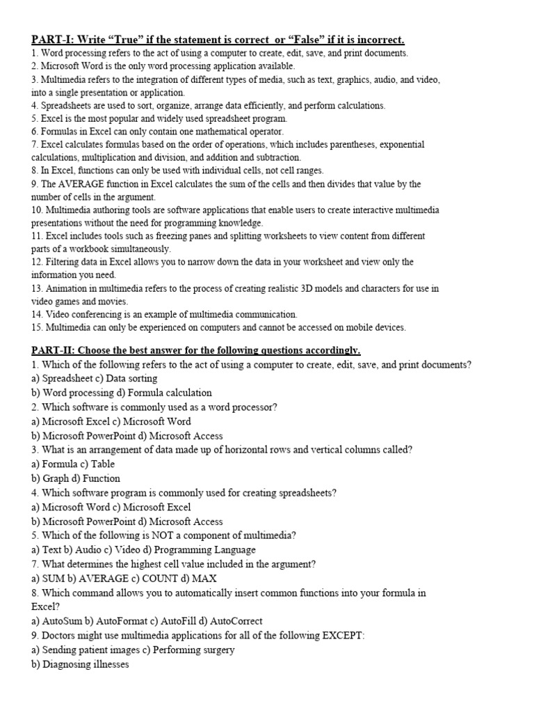 PART-I: Write "True" If The Statement Is Correct or "False" If It Is Incorrect | Download Free ...