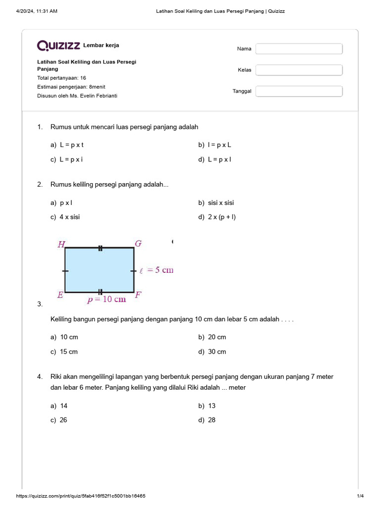 Latihan Soal Keliling dan Luas Persegi Panjang _ Quizizz | PDF