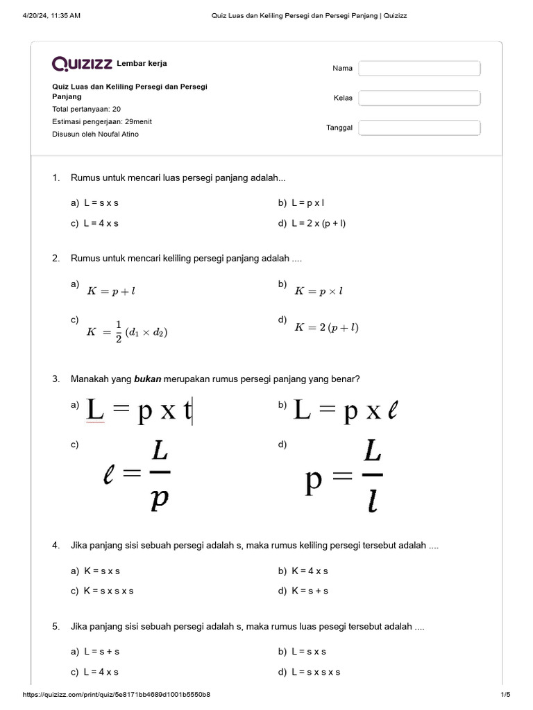 Quiz Luas Dan Keliling Persegi Dan Persegi Panjang - Quizizz | PDF | Metode & Bahan Ajar
