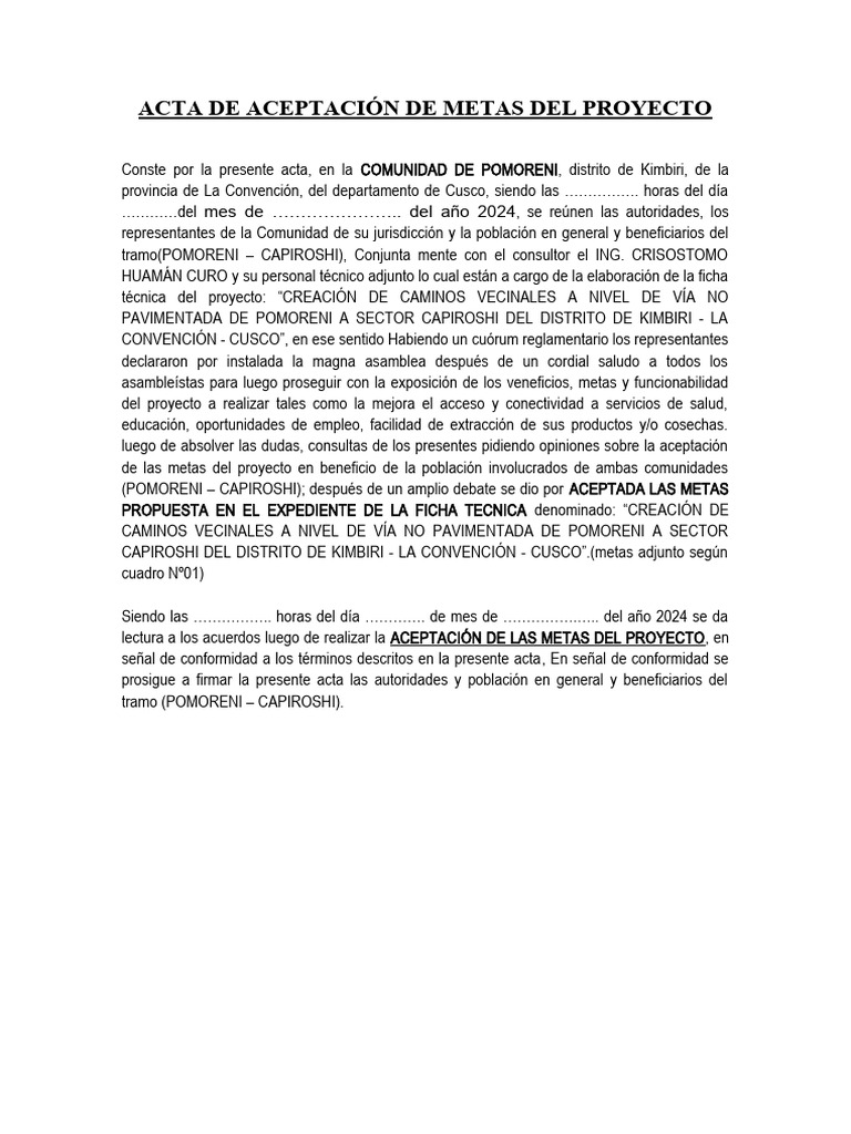 Acta de Aceptacion de Metas Del Proyecto | PDF