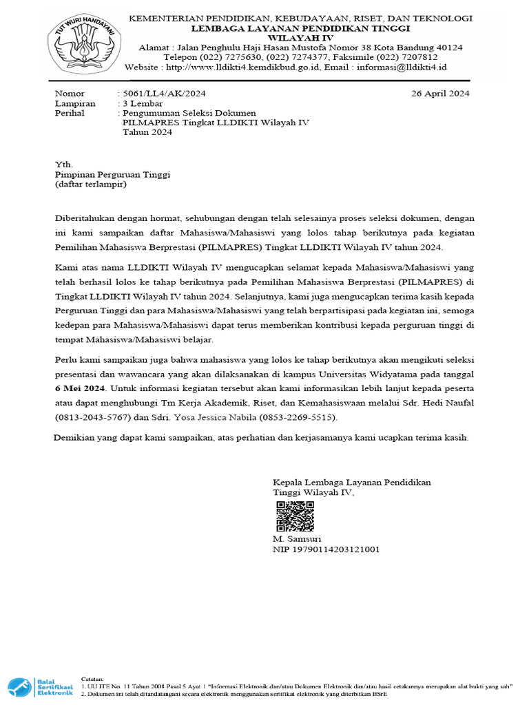 Pengumuman Lolos Seleksi PILMAPRES | PDF