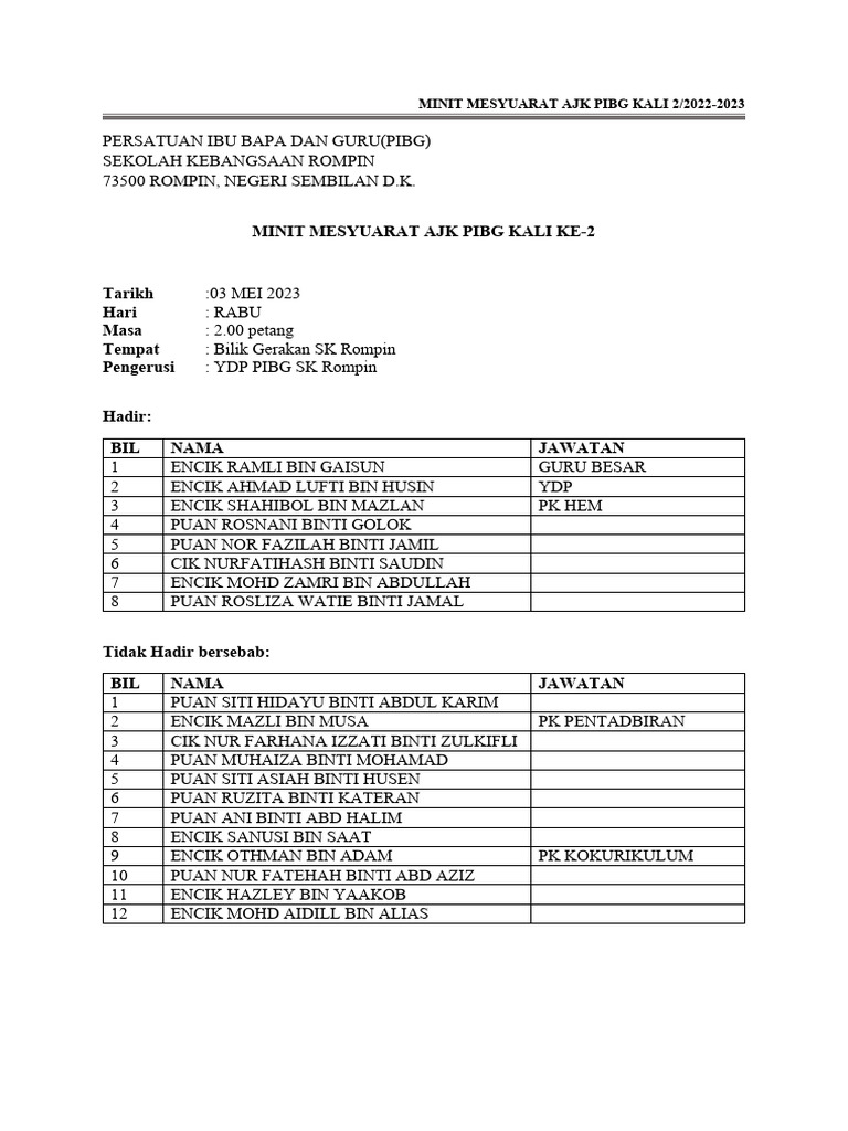 Minit Mesyuarat Ajk Pibg Kali 2 | PDF