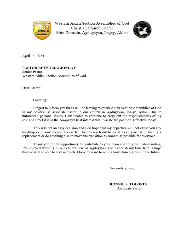Associate Pastor Resignation Letter | PDF | Lifestyle