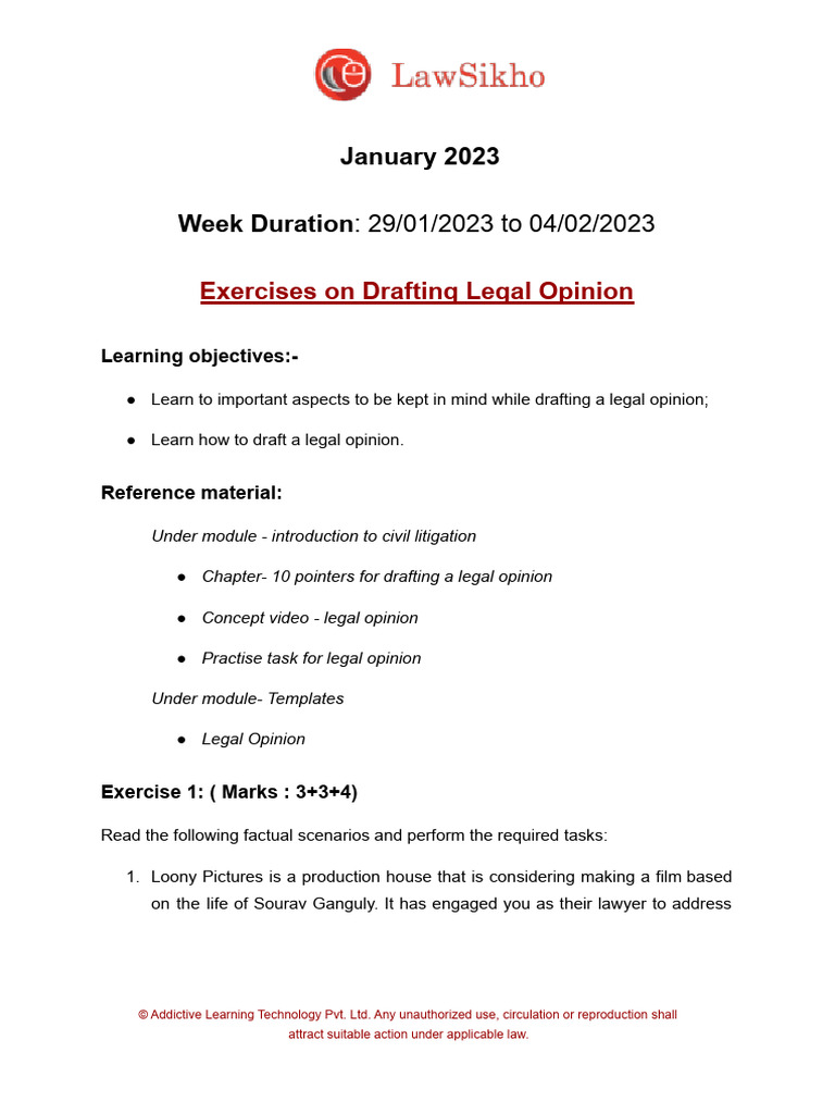Weekly Exercises On Drafting Legal Opinion - January 2023 | PDF | Trademark | Justice