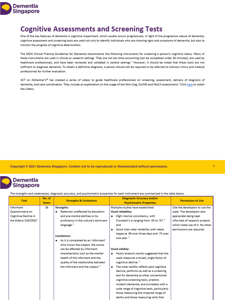 Cognitive Assessments and Screening Tests | PDF | Dementia | Validity ...