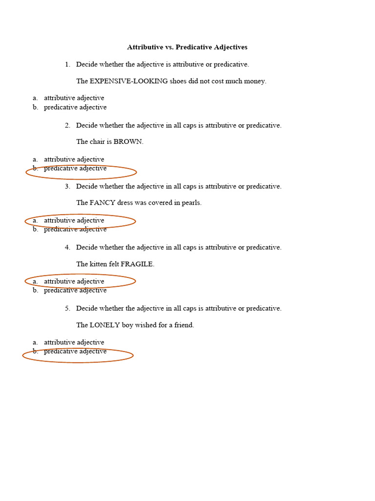Attributive and Predicative Adjectives Exercise | PDF