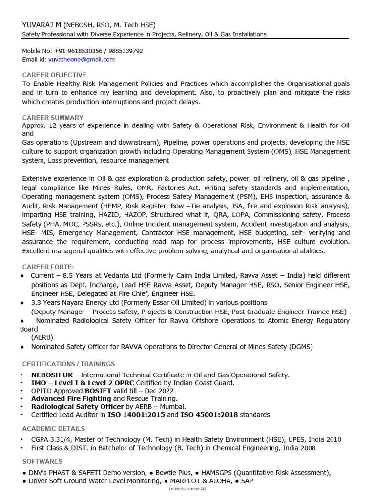 Resume - Yuvaraj M Lead HSE | PDF | Risk Management | Risk