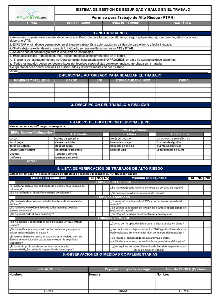 Permiso de Trabajo de Alto Riesgo (Ptar) | PDF | Soldadura | Construcción Permiso de Trabajo de Alto Riesgo (Ptar) | PDF | Soldadura | Construcción