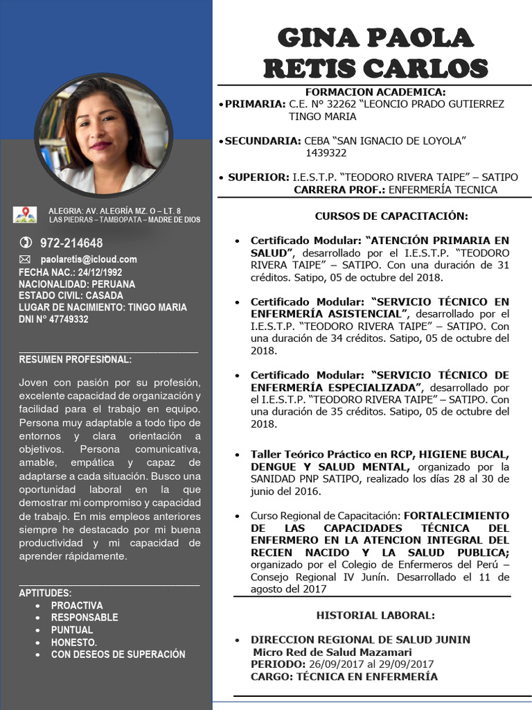 CV Gina Retis | PDF | Enfermería | Cuidado de la salud