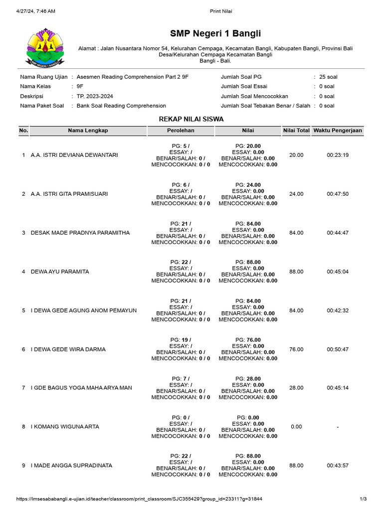 Print Nilai Asesmen 2 9F | PDF
