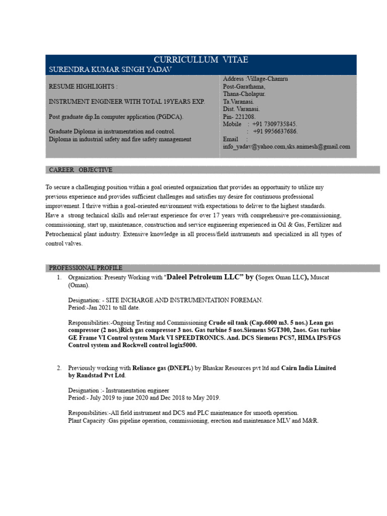 Surendra Yadav - Updated CV | PDF | Programmable Logic Controller | Instrumentation