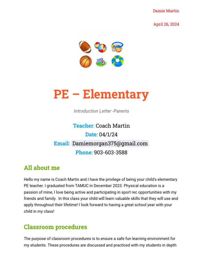 Welcome Letter To Parents 3 | PDF | Physical Education | Classroom