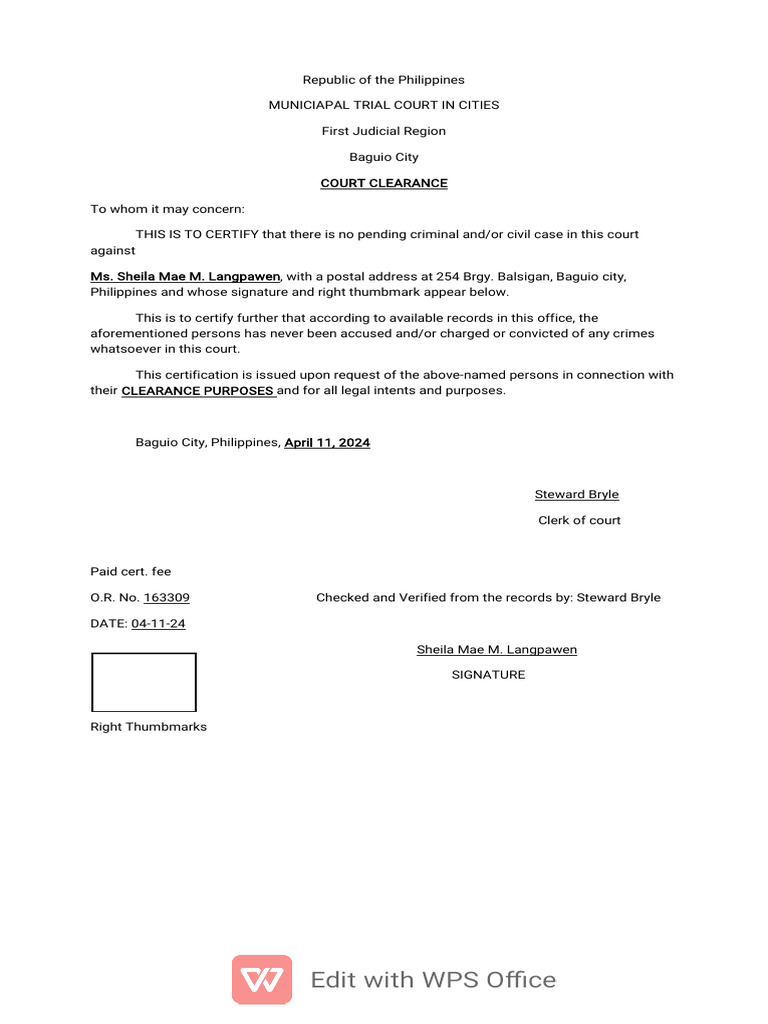 Court Clearance Certificate for Sheila Mae Langpawen | PDF
