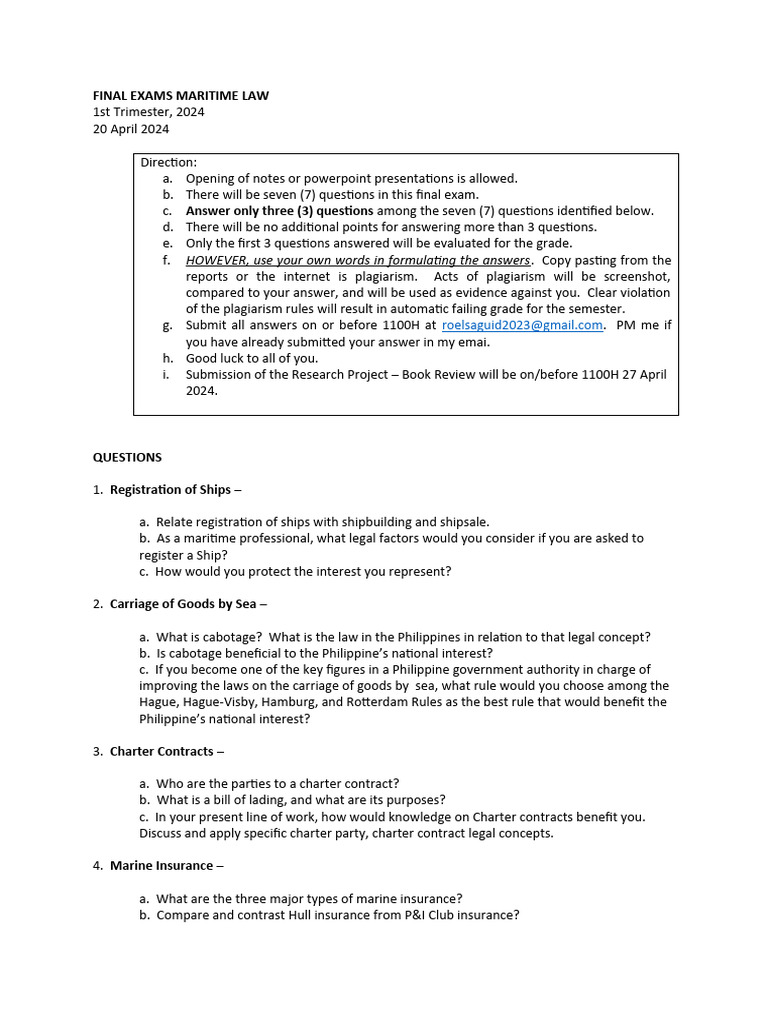 PMMA Maritime Law Final Exam Questions 2024 1st Tri | PDF | Insurance ...