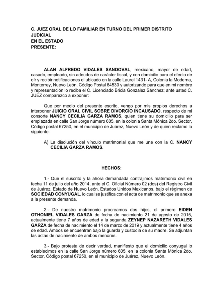 Juicio Oral De Divorcio En 67250 Pdf Divorcio Ley Procesal