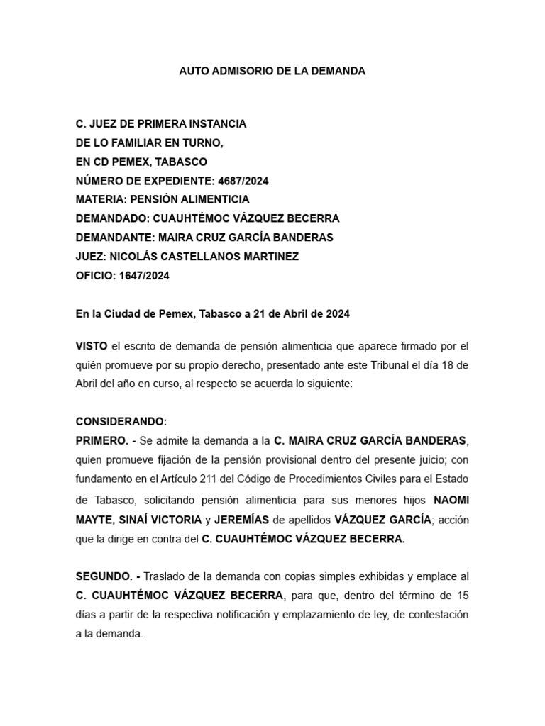 Temo - Auto Admisorio de La Demanda | PDF