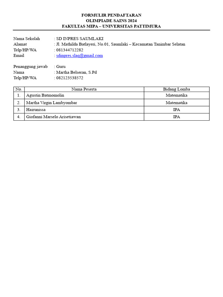 Formulir Pendaftaran Olimpiade Sains 2024 SD Inpres Saumlaki | PDF