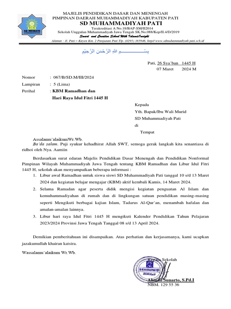 202403 Surat Pemberitahuan KBM Ramadhan dan Libur Idul Fitri 1445 H | PDF