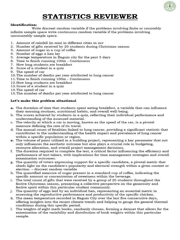 Statistics Prelim Reviewer Godbless | PDF | Probability Distribution | Random Variable