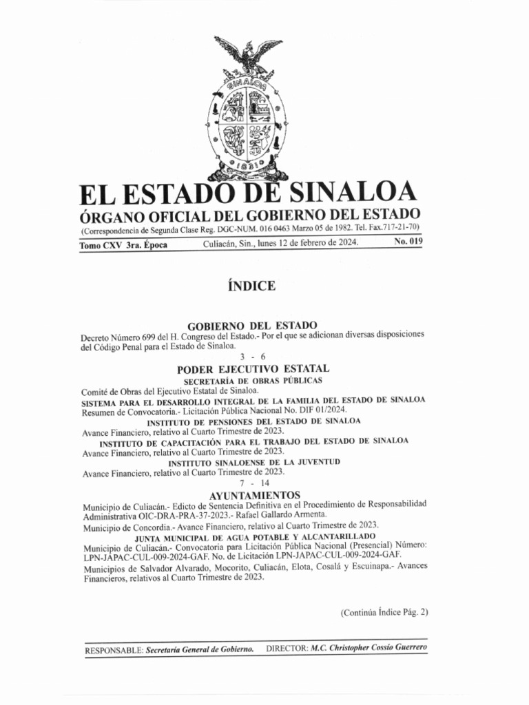 Diario Oficial Del Estado de Sinaloa | PDF | Gobierno | Gobernancia