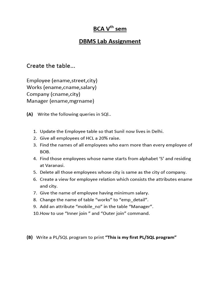 DBMS Lab Tasks for BCA Students | PDF