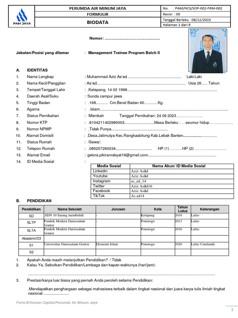 Form Biodata Pam Jaya | PDF
