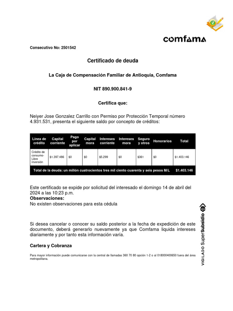 Certificado de Deuda Comfama Neiyer González | PDF