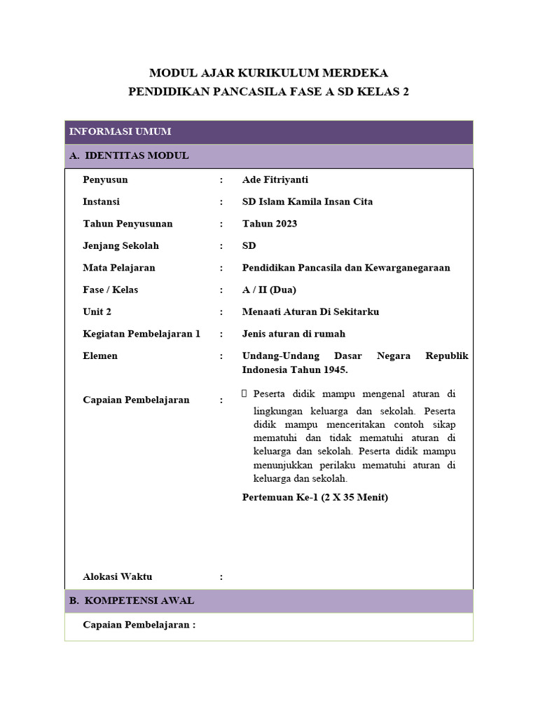 1. Modul Ajar PPKn Kelas 2 - BAB 2 Oke | PDF