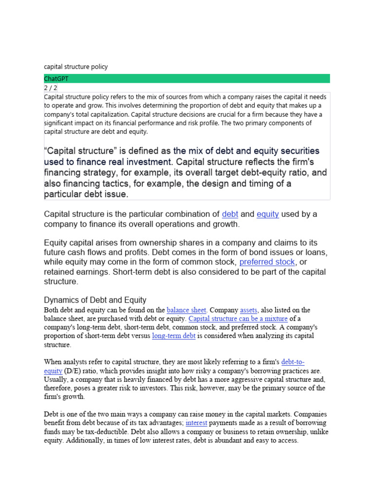 Capital Structure Policy | PDF | Capital Structure | Debt Capital Structure Policy | PDF | Capital Structure | Debt