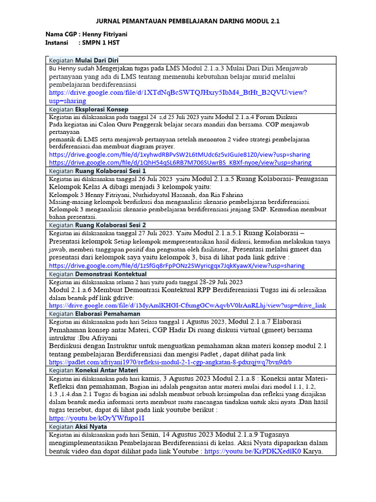 Jurnal Pembelajaran Daring CGP | PDF