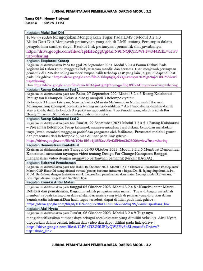 Jurnal Pemantauan Pembelajaran Daring Modul 3.2 | PDF