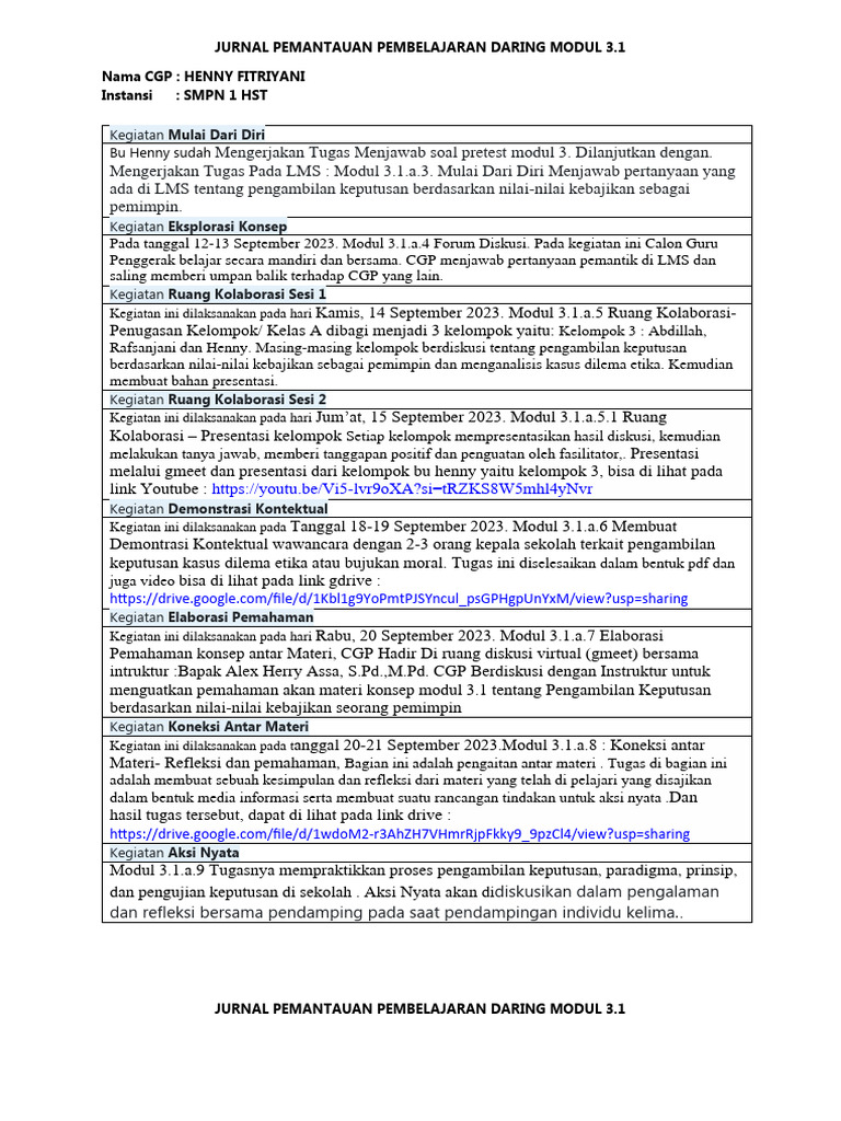 Jurnal Pembelajaran Daring CGP | PDF