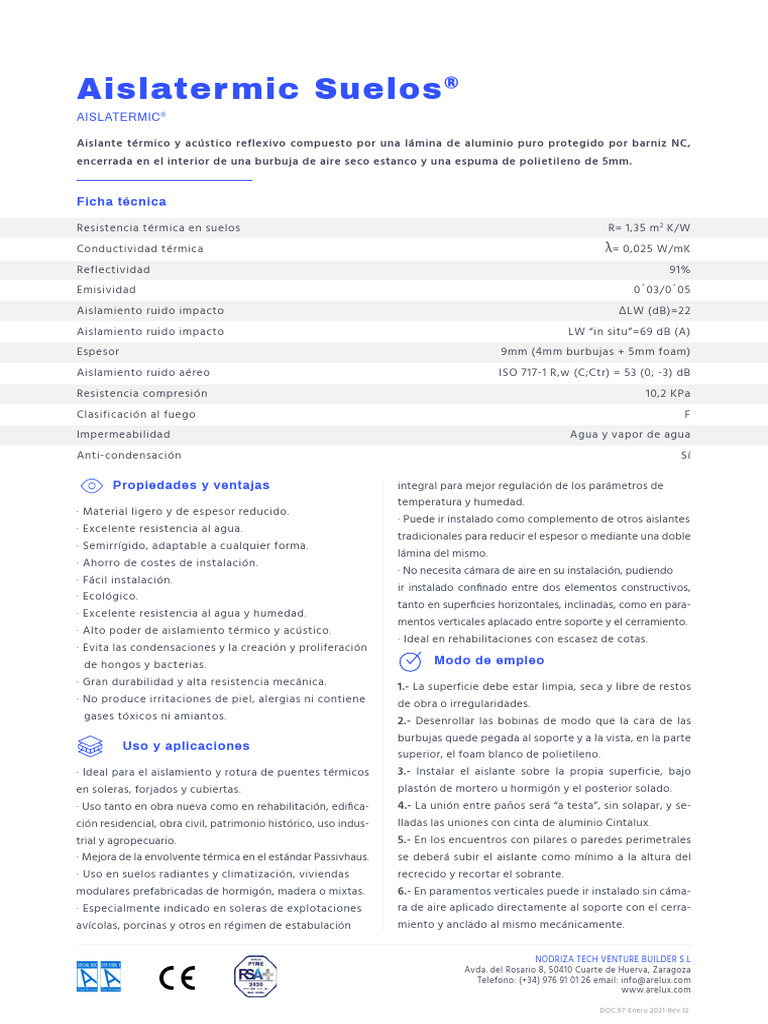 Ficha Técnica Aislante Térmico para Suelos | Descargar gratis PDF | Aislamiento térmico | Aisladores