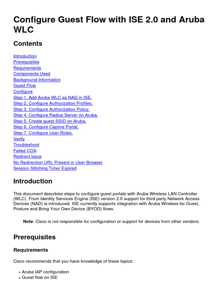 Guest Flow Configuration for ISE & Aruba | PDF | Radius | Computing