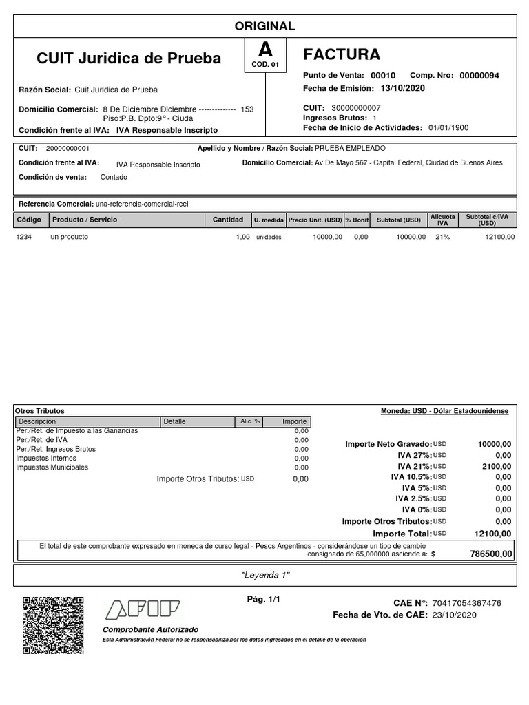 Factura A AFIP USD | Descargar gratis PDF | Dólar de los Estados Unidos ...