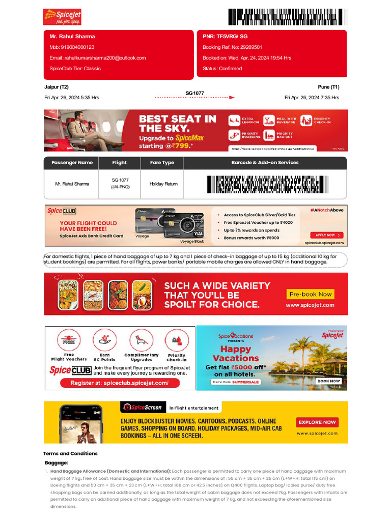 SpiceJet Flight Booking Details | PDF | Credit Card