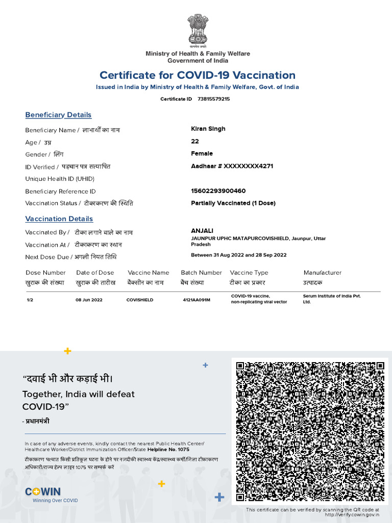 COVID-19 Vaccination Certificate India | PDF