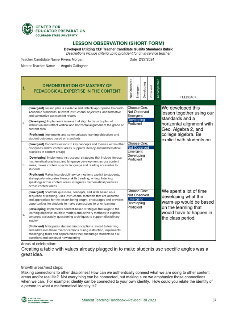 Lesson Observation Short Form 2 | PDF | Learning | Educational Assessment