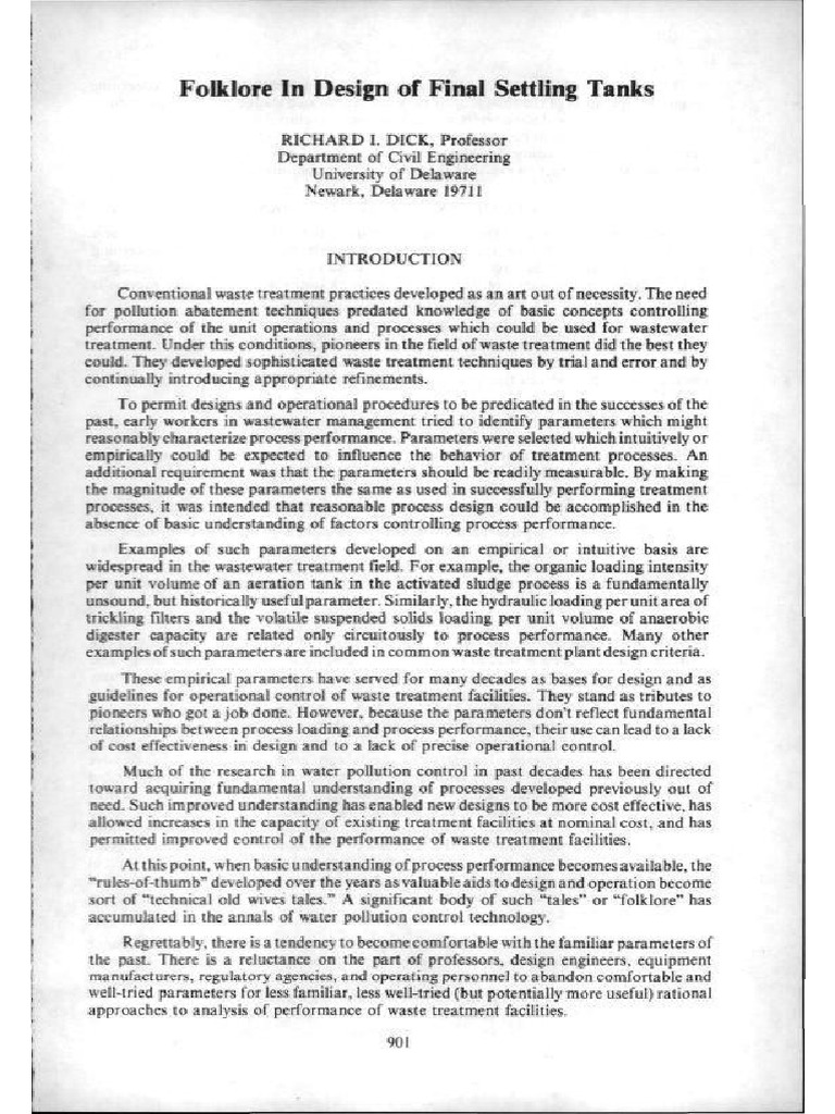 Folklore in Design of Final Settling Tanks Dick 1976 | PDF