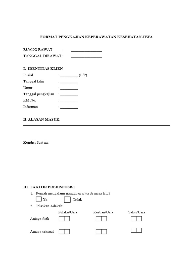 Format Pengkajian Kesehatan Jiwa | PDF | Karier & Perkembangan | Gaya Hidup