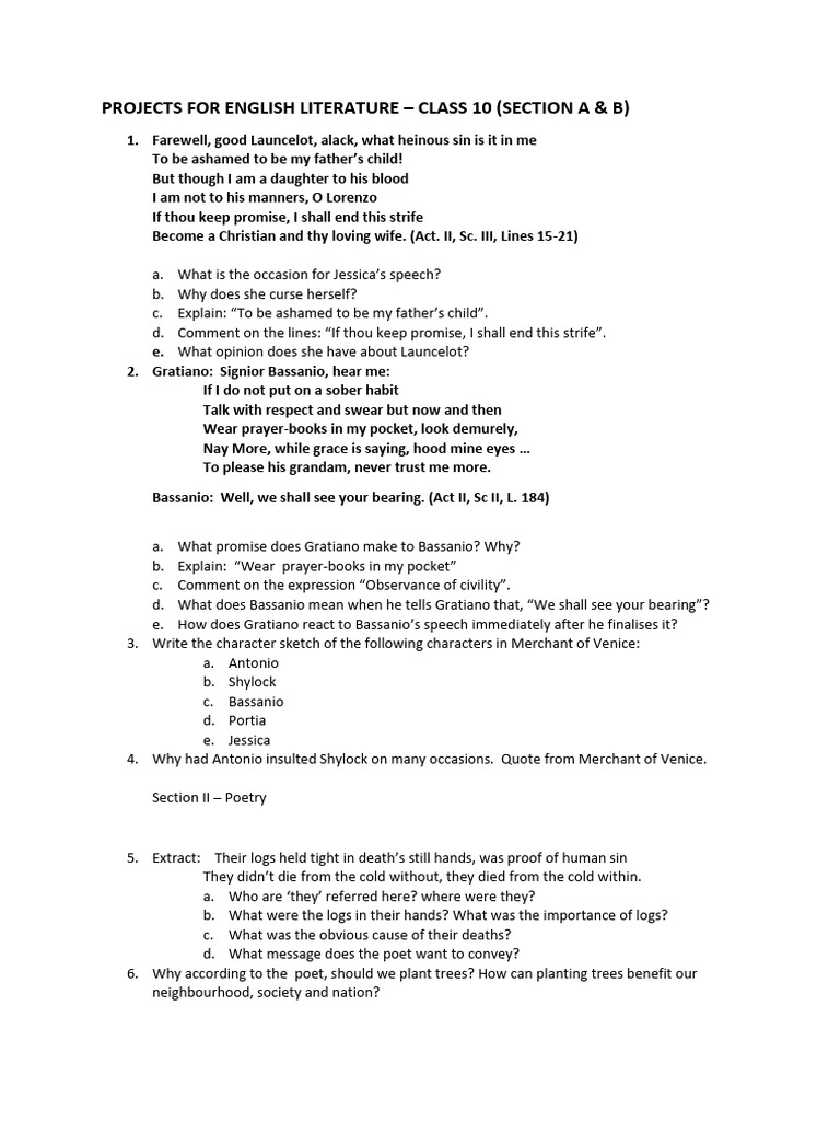 Projects & Assignment For English Literature - Class 10TH | PDF | The Merchant Of Venice | Plays ...