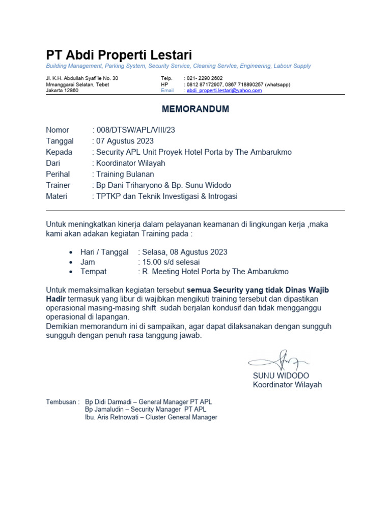 Memo Training Keamanan Bulanan | PDF