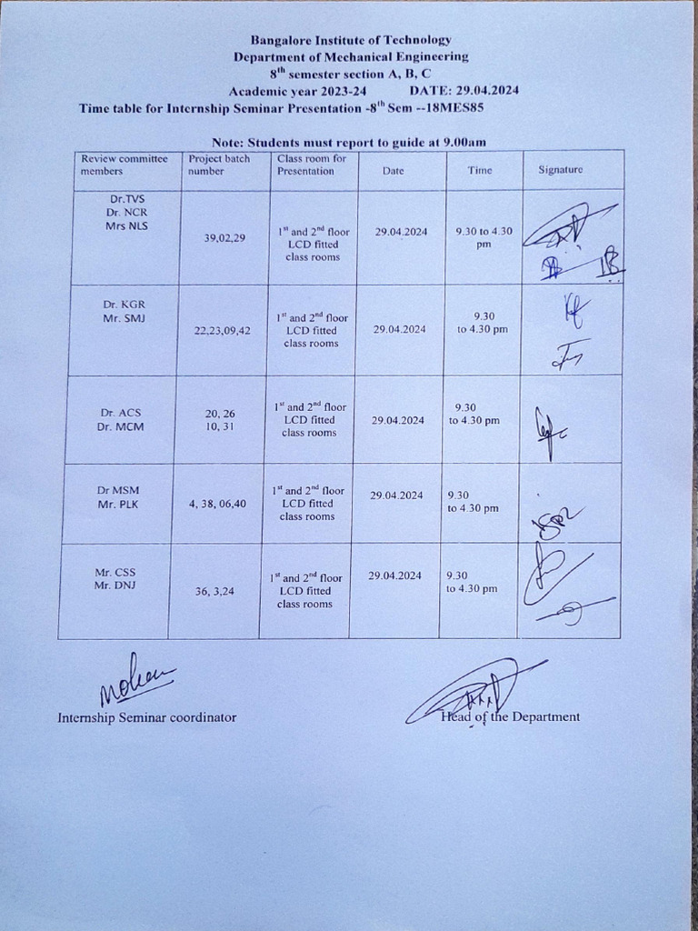 Internship Time Table 2023 24 | PDF